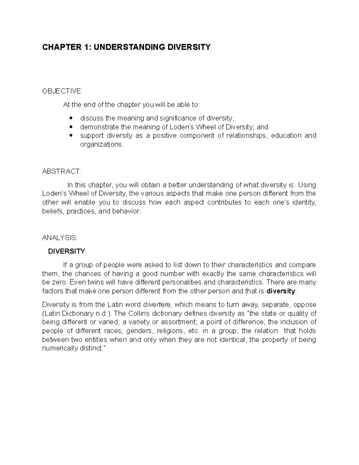 EDUC 4 Diversity HAND OUT - CHAPTER 1: UNDERSTANDING DIVERSITY OBJECTIVE: At the end of the ...