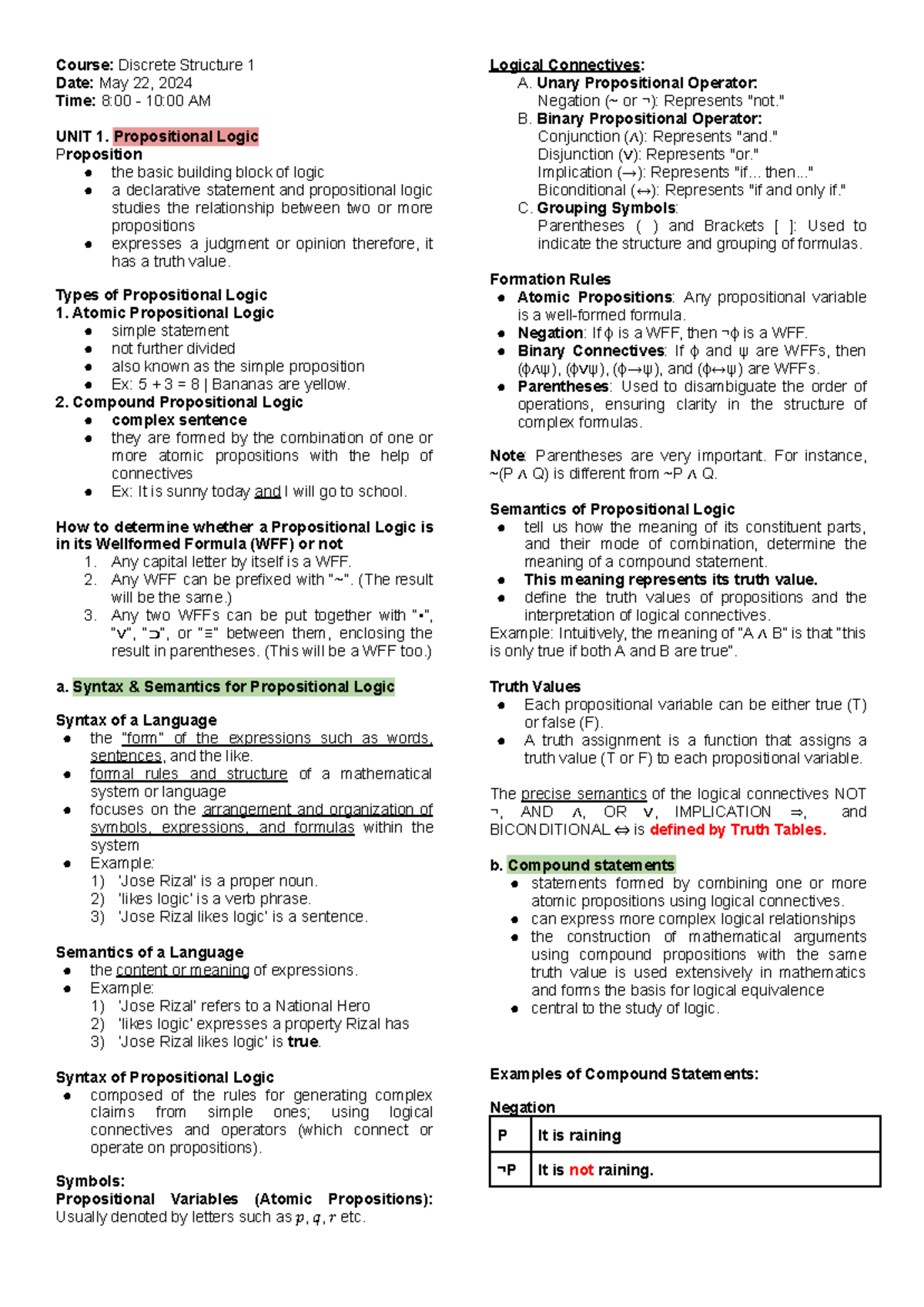 Discrete Structure 1: Propositional Logic and Predicate Logic Overview - Studocu