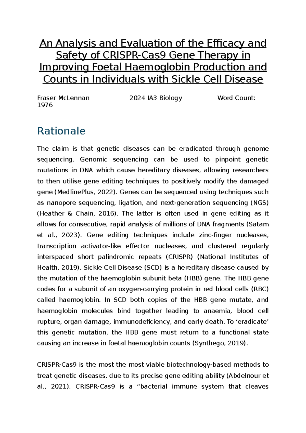 Biology IA3: Evaluating Gene Therapy's Impact on Foetal Hb in Sickle ...