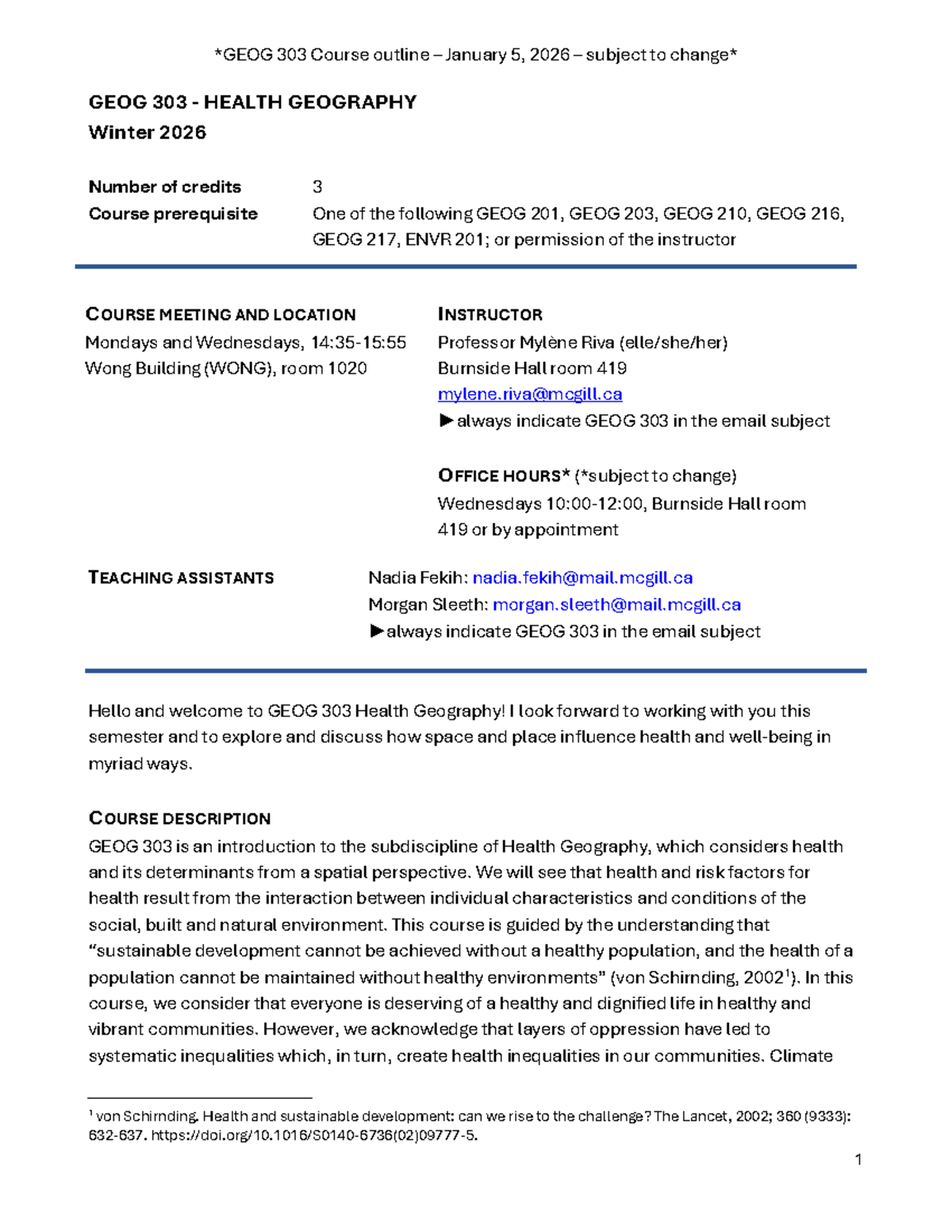 GEOG 303 W2026 Health Geography Course Outline - Winter 2026 - Studocu