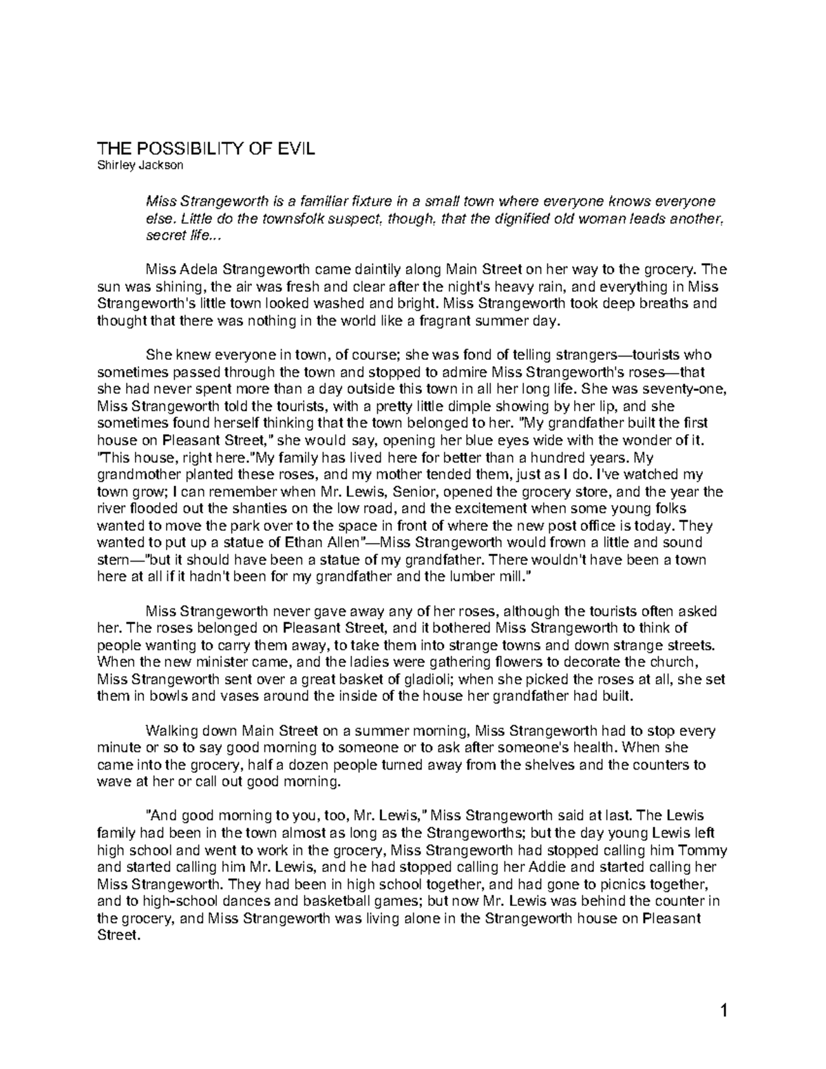 The Possibility of Evil: An Analysis of Shirley Jackson's Story - Studocu