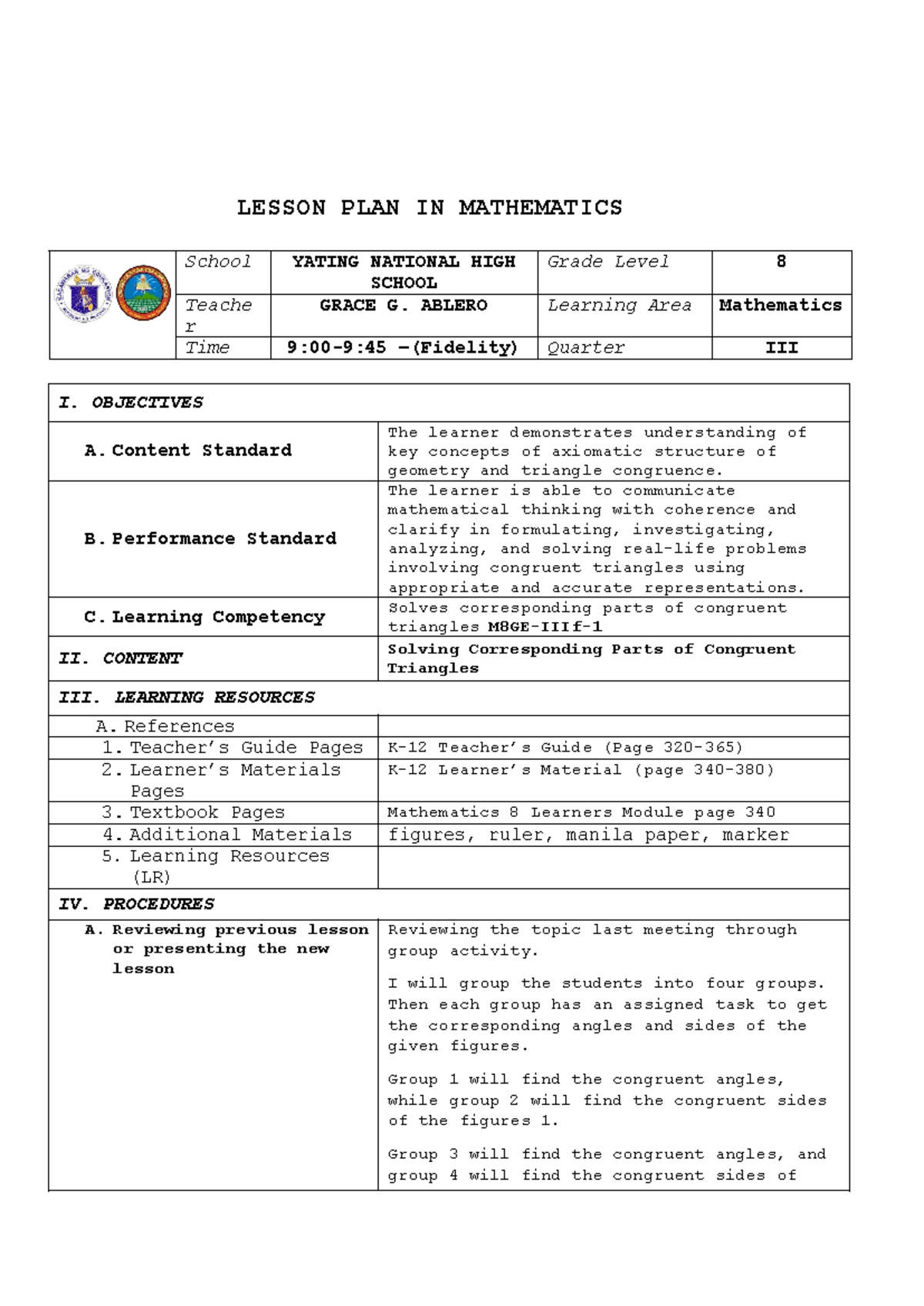 Q3 COT LESSON PLAN: Understanding Congruent Triangles in Math - Studocu