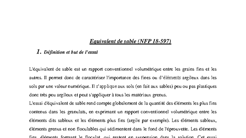 Essai d'Équivalent de Sable - NFP 18-597: Méthode et Équipement - Studocu