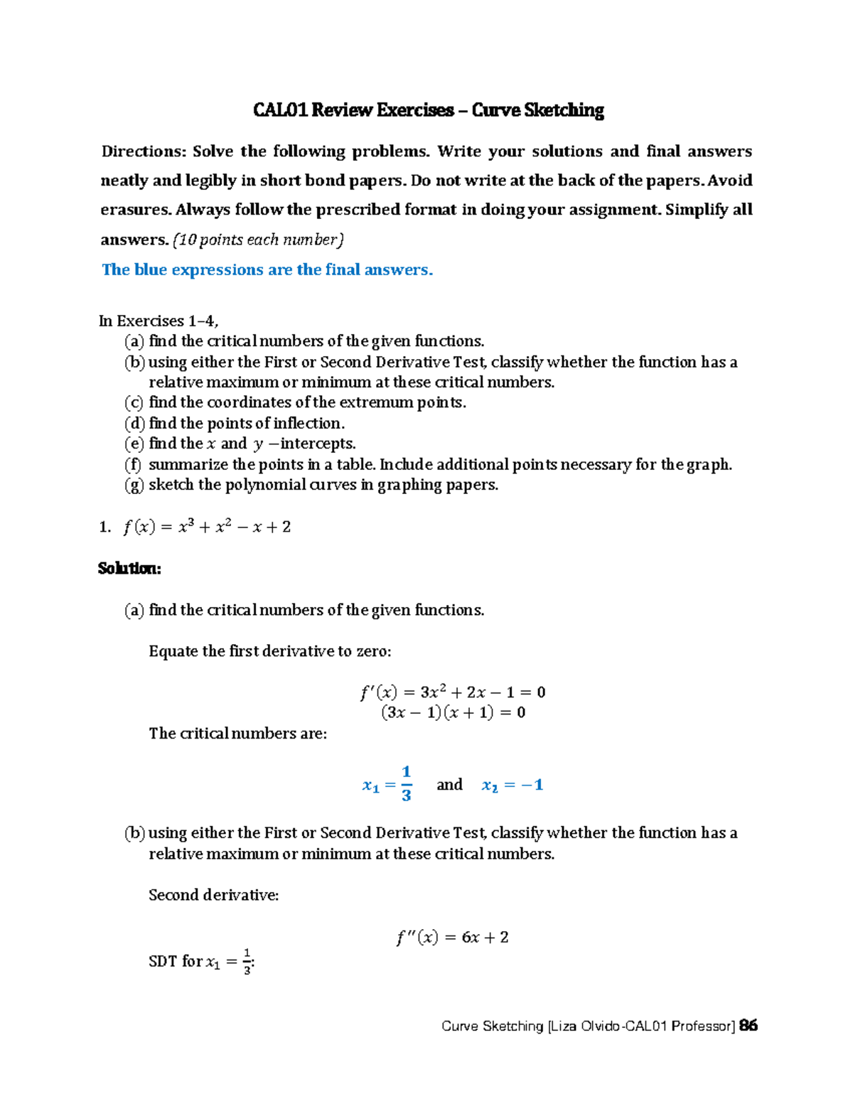 CAL01 Review Exercises on Curve Sketching and Analysis - Studocu