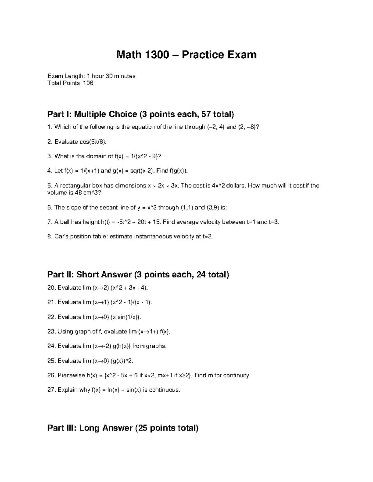 Math 1300 Practice Exam: Questions & Solutions Guide - Studocu