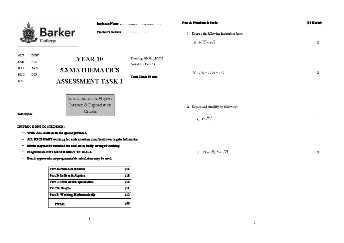 Year 10 Mathematics Assessment Task 1 (55 min) - Solutions & Notes ...