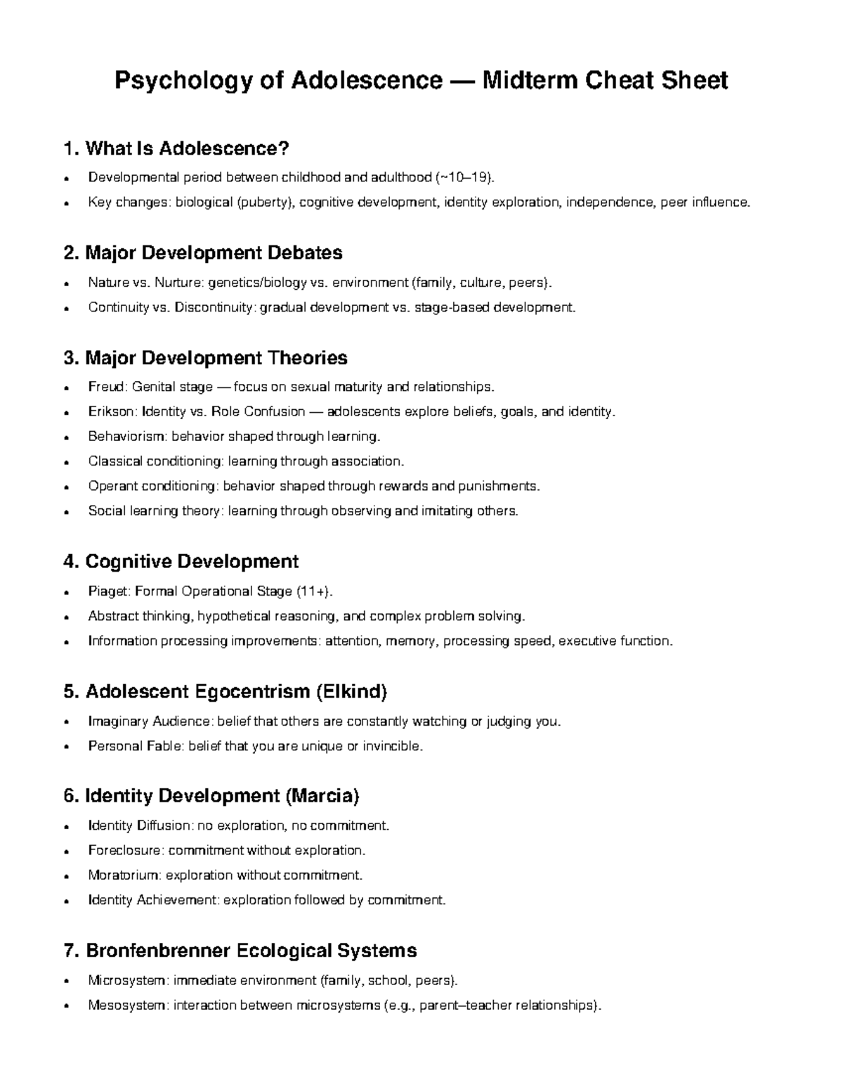 Psychology of Adolescence — Midterm Cheat Sheet - Studocu