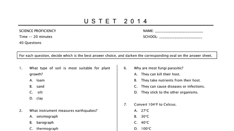 USTET 2014 Science Proficiency Exam Questions and Answers - Studocu