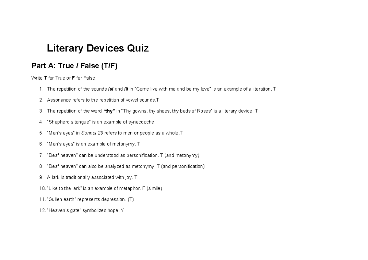 Literary Devices Quiz (Part A & B) - ENG101 - Studocu