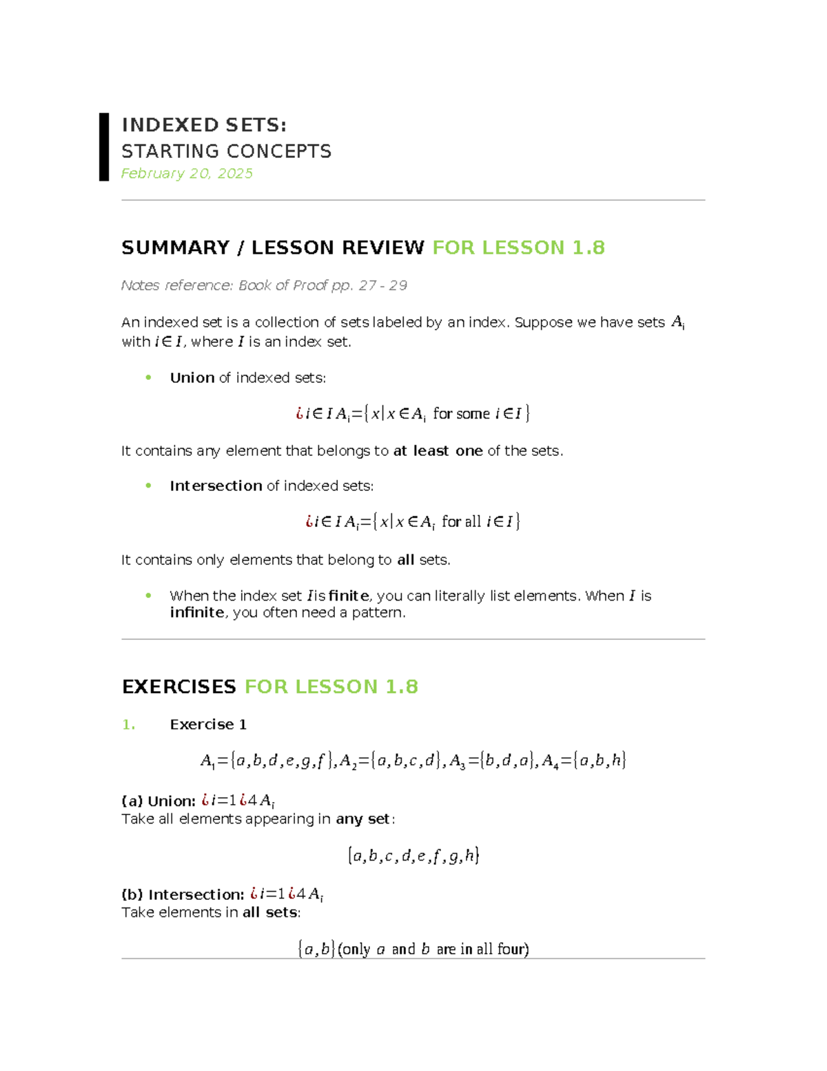 Math 121 Lesson Review: Indexed Sets Concepts & Exercises - Studocu