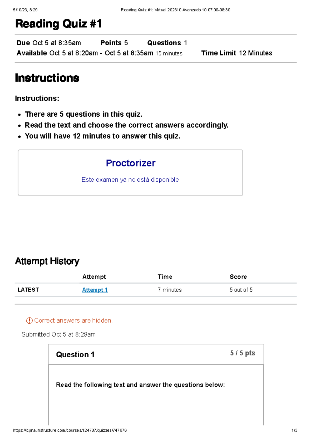 Reading Quiz #1 Virtual 202310 Avanzado 10 07 00-08 30 - 5/10/23, 8:29 ...