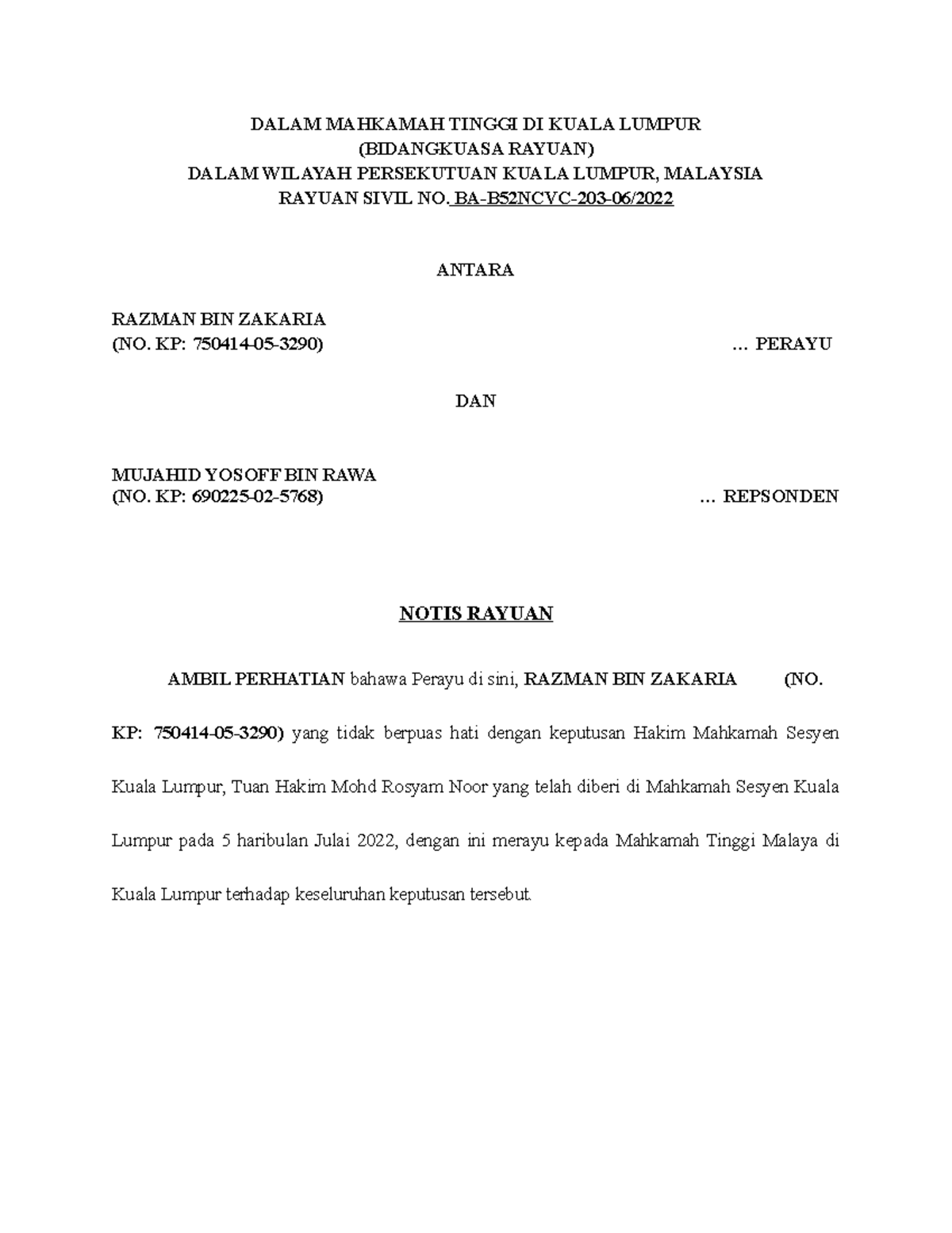 Notis Rayuan Sivil BA-B52NCVC-203-06/ di Mahkamah Tinggi KL - Studocu