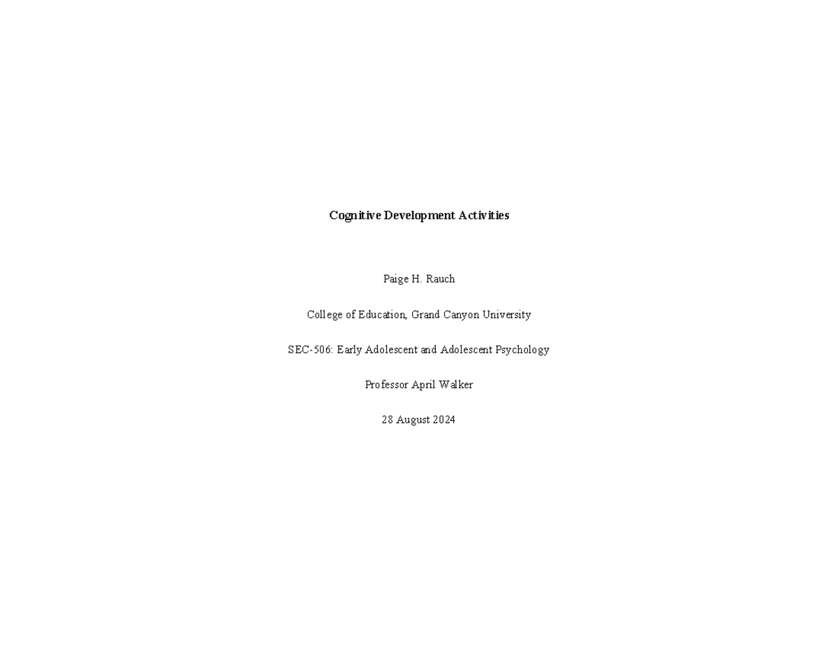 SEC-506: Cognitive Development Activities for Early Adolescents - Studocu