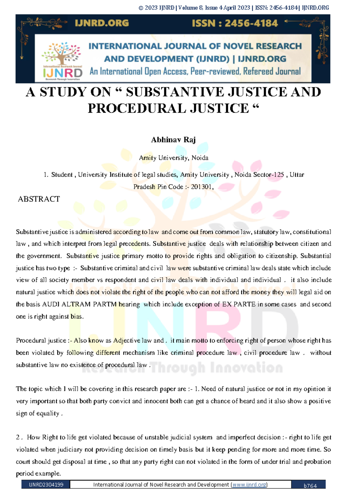 Substansive justice - A STUDY ON “ SUBSTANTIVE JUSTICE AND PROCEDURAL ...