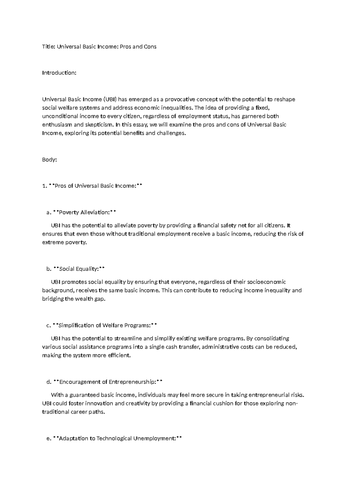 UBI Essay Assessment: Analyzing Pros and Cons of Universal Basic Income ...