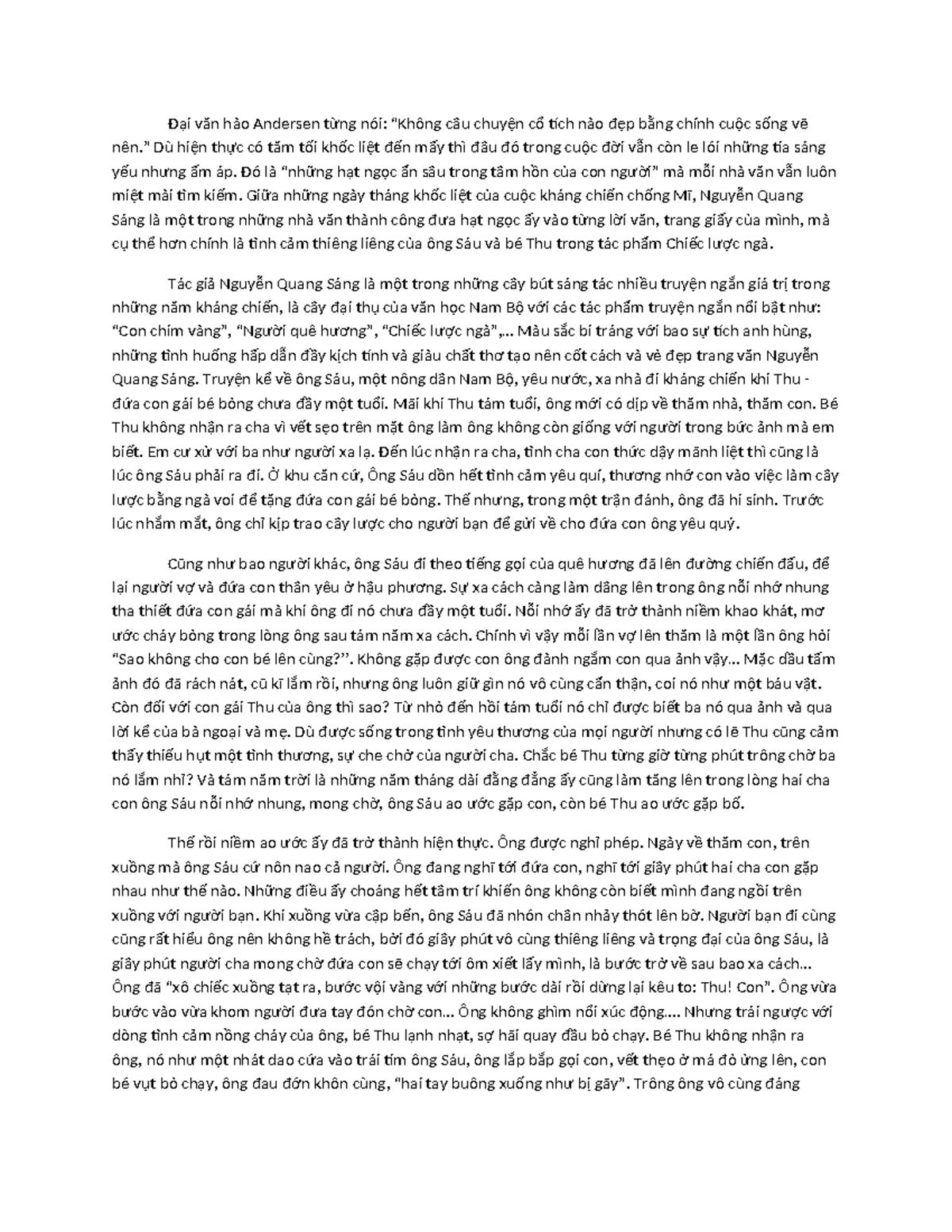 Phân Tích Tình Cha Con Trong "Chiếc Lược Ngà" - Tác Giả Nguyễn Quang Sáng - Studocu