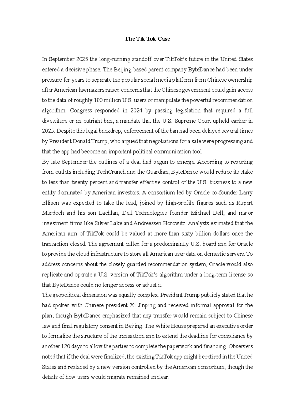 The TikTok Case Study: U.S. Ownership Transition Analysis - Studocu