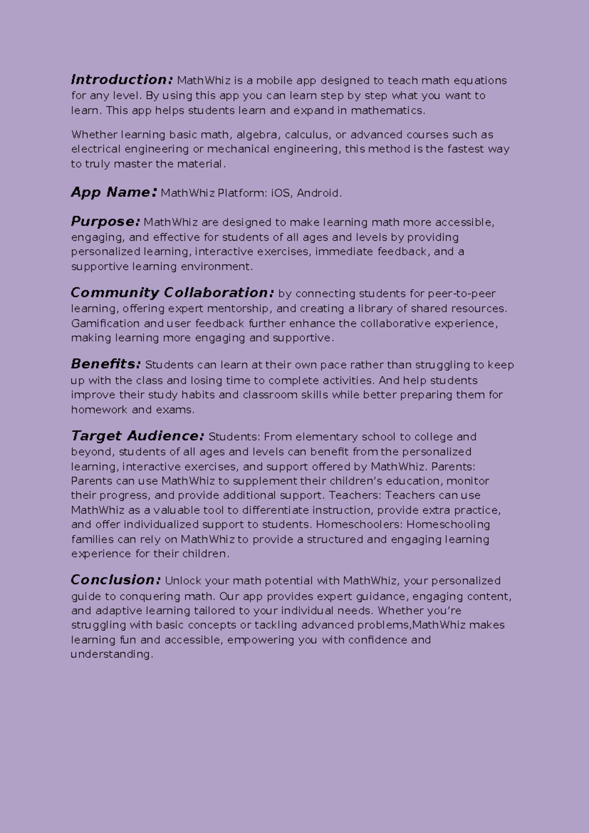 Introduction - sadsadas - Introduction: MathWhiz is a mobile app ...