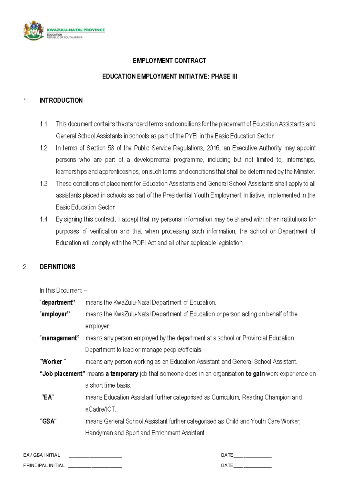 EA/GSA Employment Contract Template for Education Assistants - Studocu