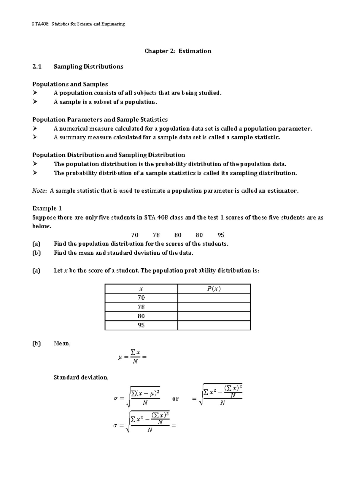 Chapter 2 - Estimation (students' notes) - STA408: Statistics for ...