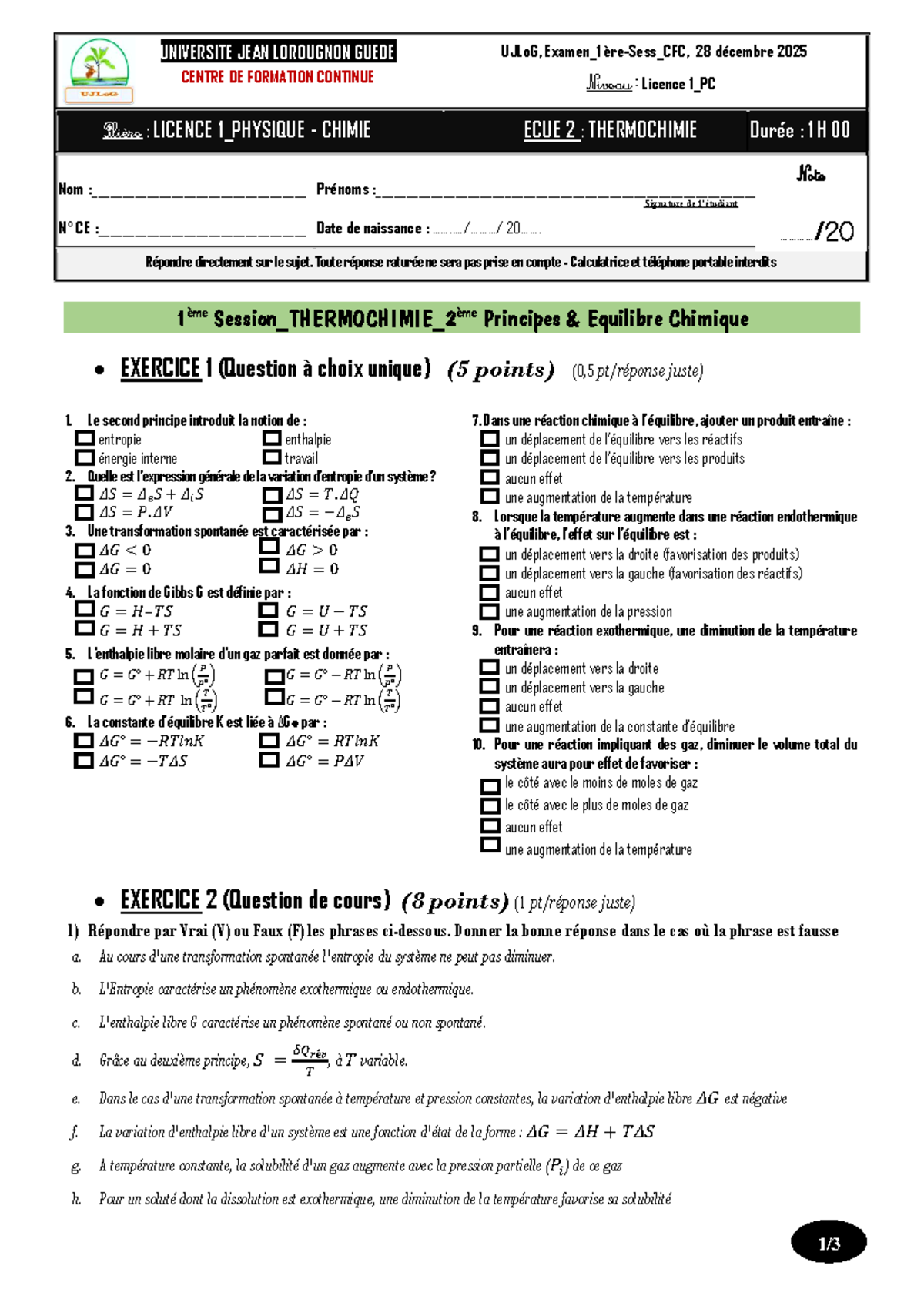 Examen 1ère Session - ECUE 2 Thermochimie L1 PC-CFC 2025-2026 - Studocu
