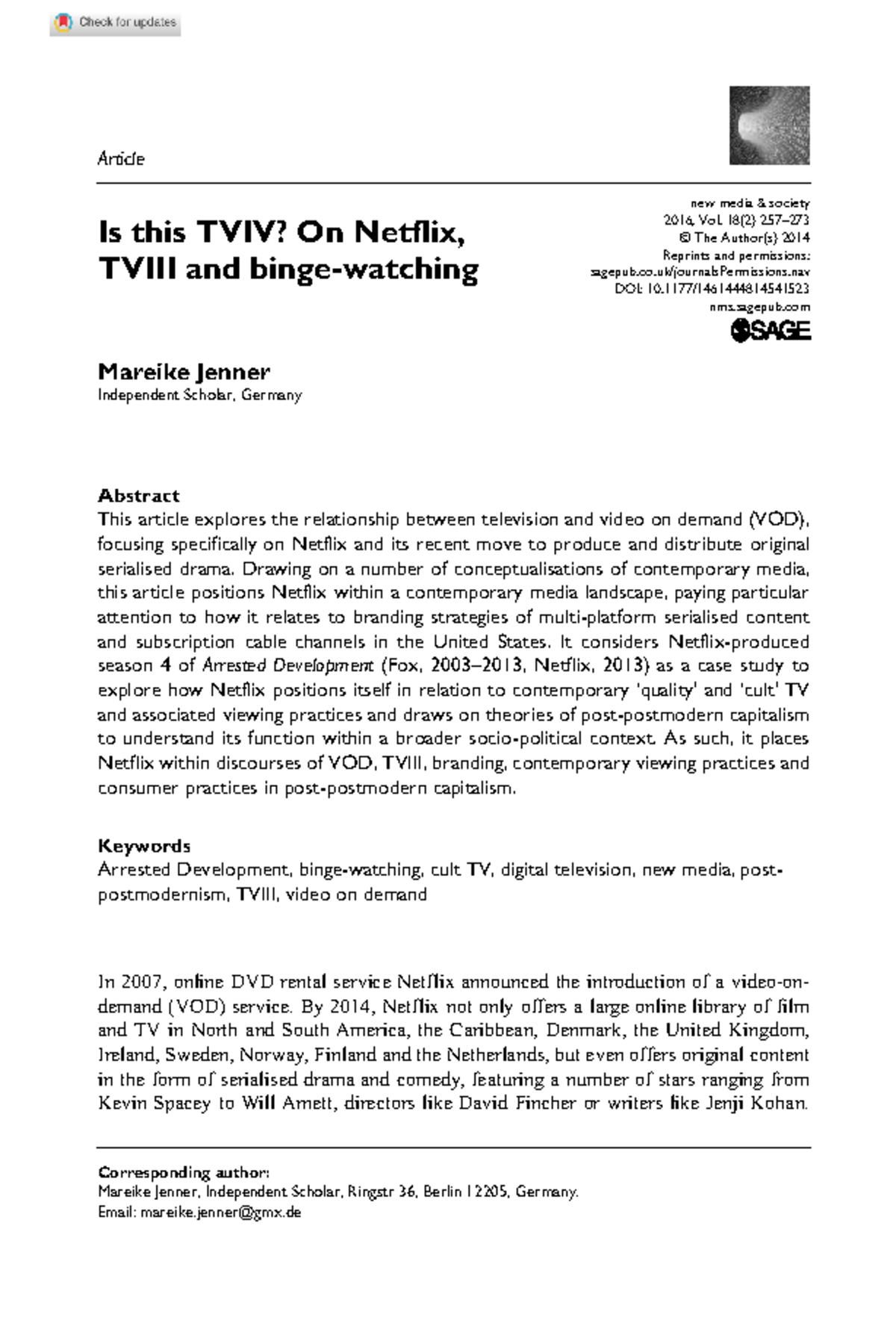 Mareike Jenner - Is This TV IV - new media & society 2016, Vol. 18(2 ...
