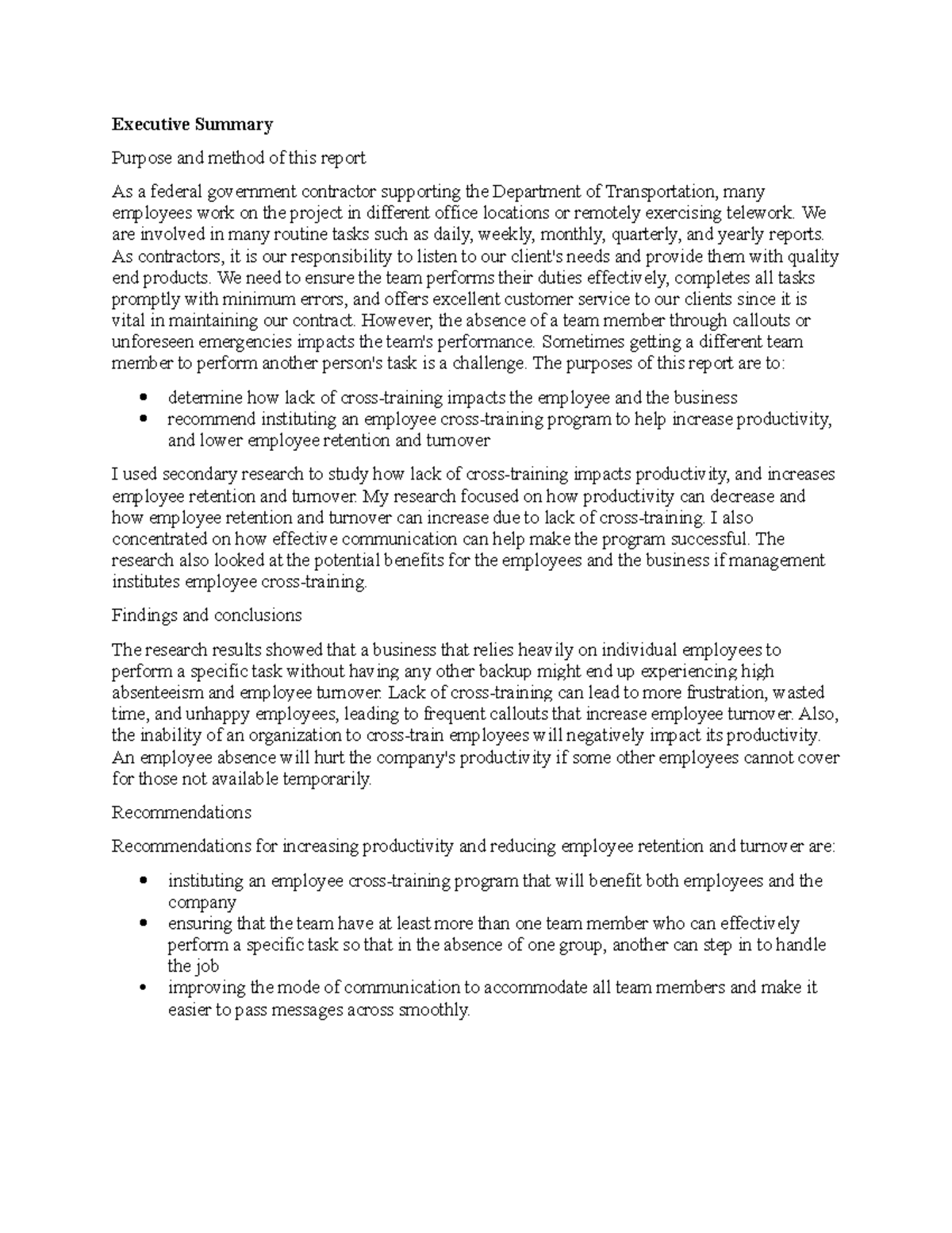 Writing Assignment - Executive Summary - Executive Summary Purpose and ...