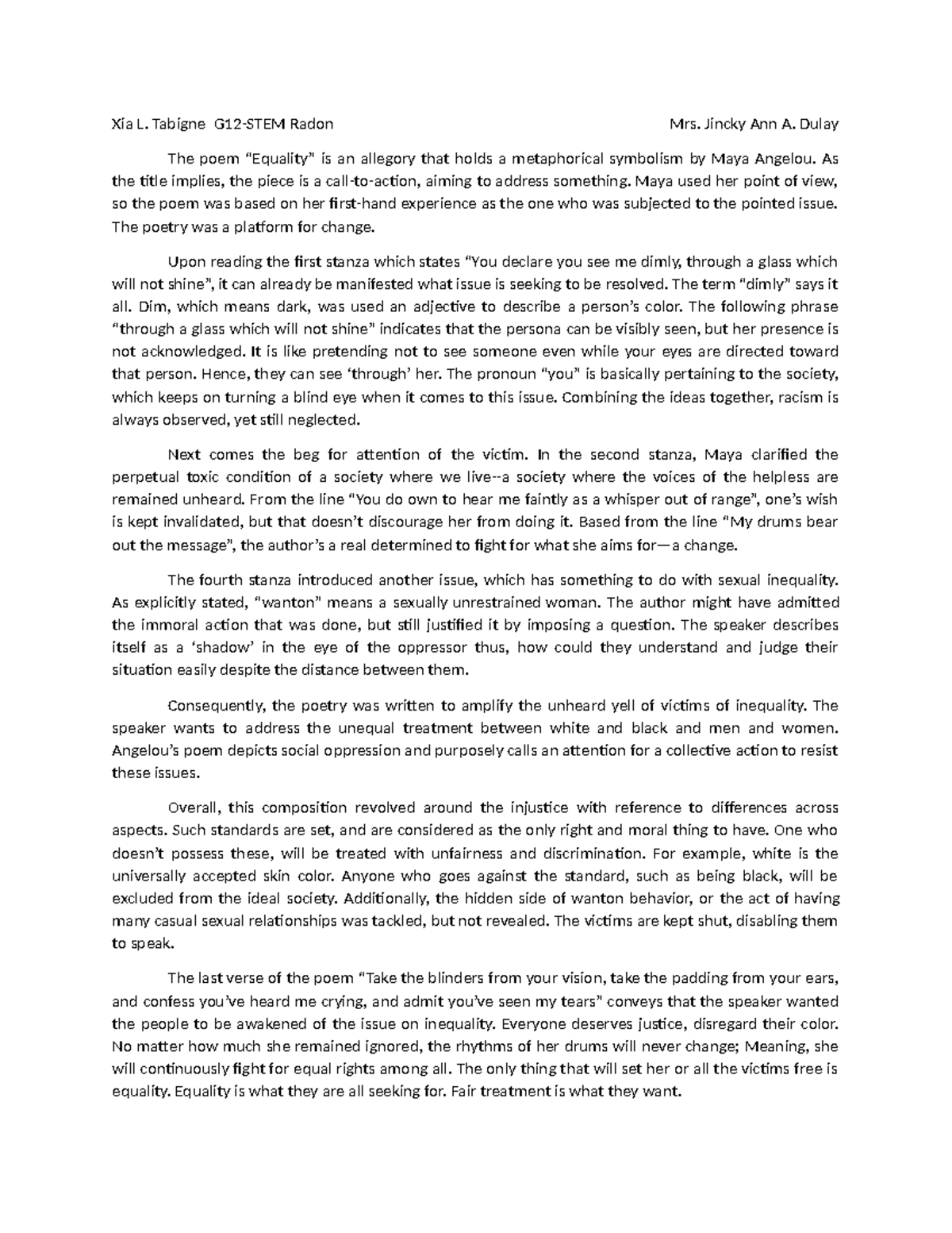 21st Century Lit - Analysis of Maya Angelou's Poem on Inequality - Studocu