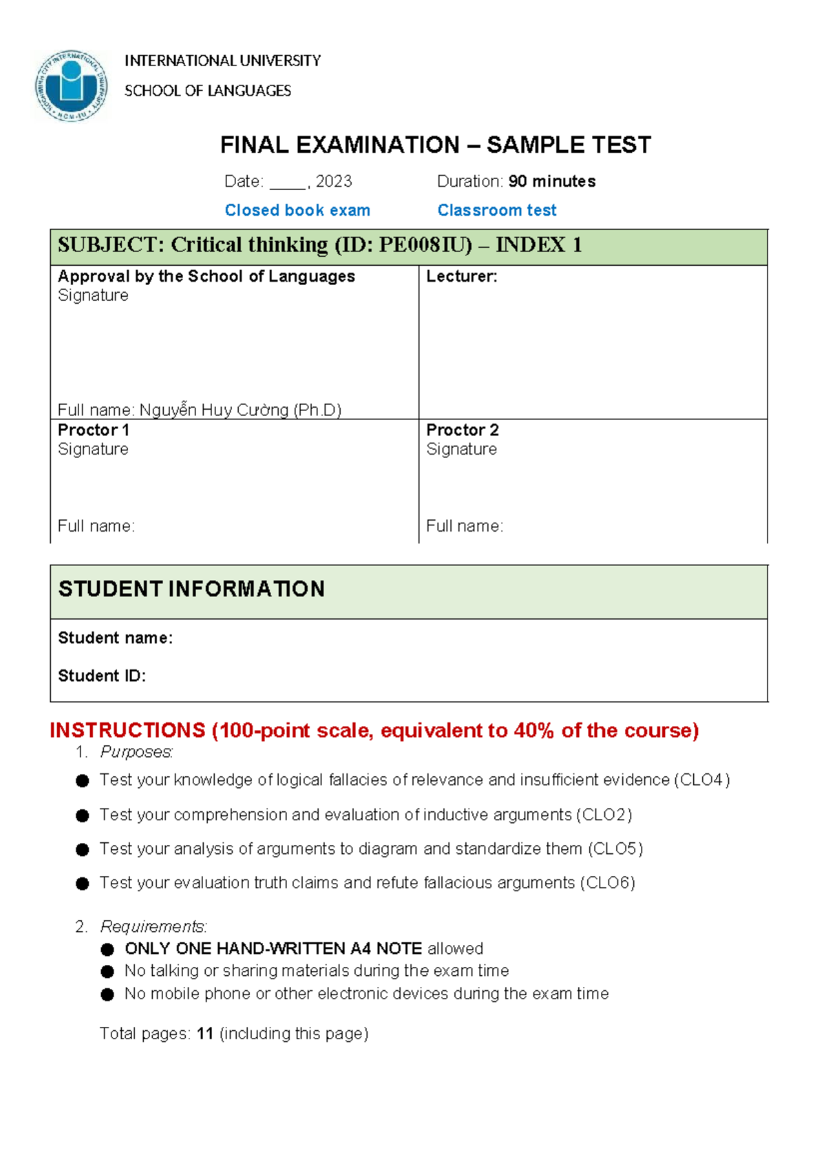 Critical Thinking (PE008IU) - Final Exam Sample Test - Studocu