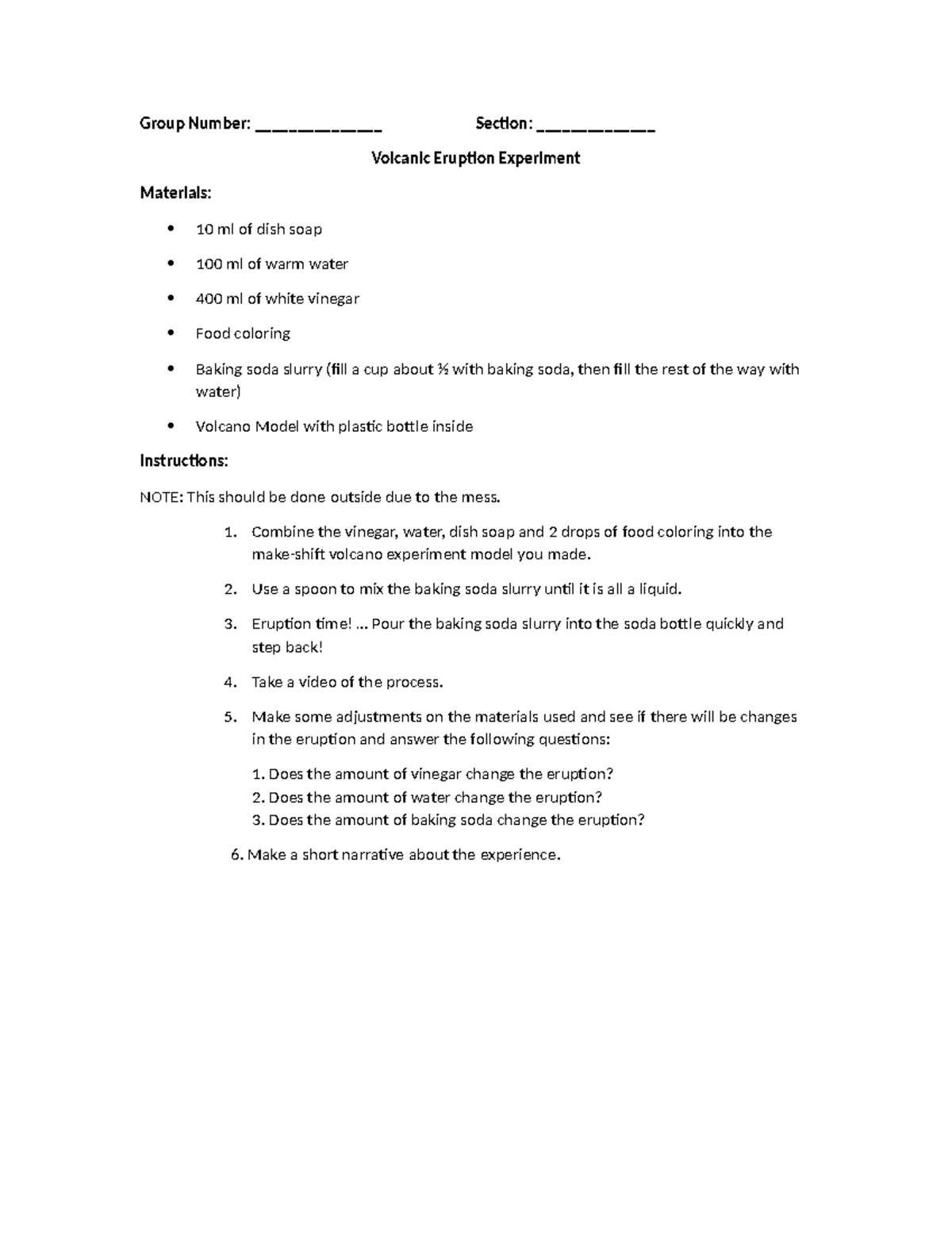 Volcanic Eruption Experiment: Materials & Instructions for Group Work ...