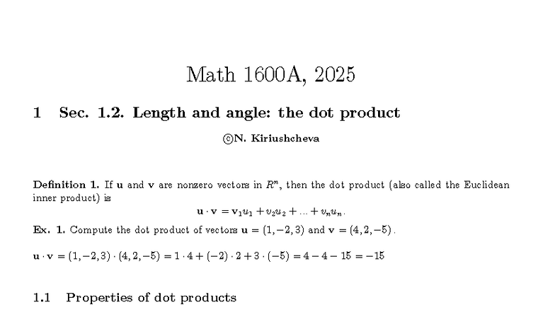 Math 1600A Lecture Notes: Dot Product, Norms, and Orthogonality - Studocu