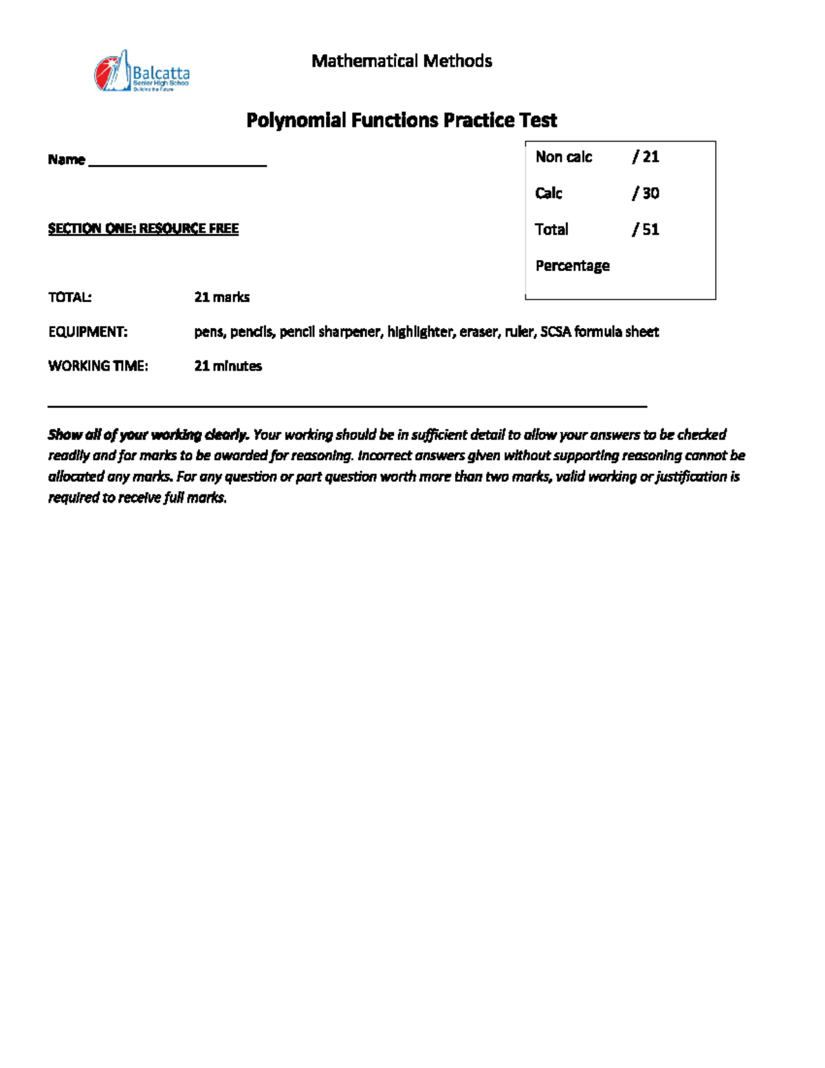 Mathematical Methods (Unit 1) - Polynomial Functions Practice Test ...