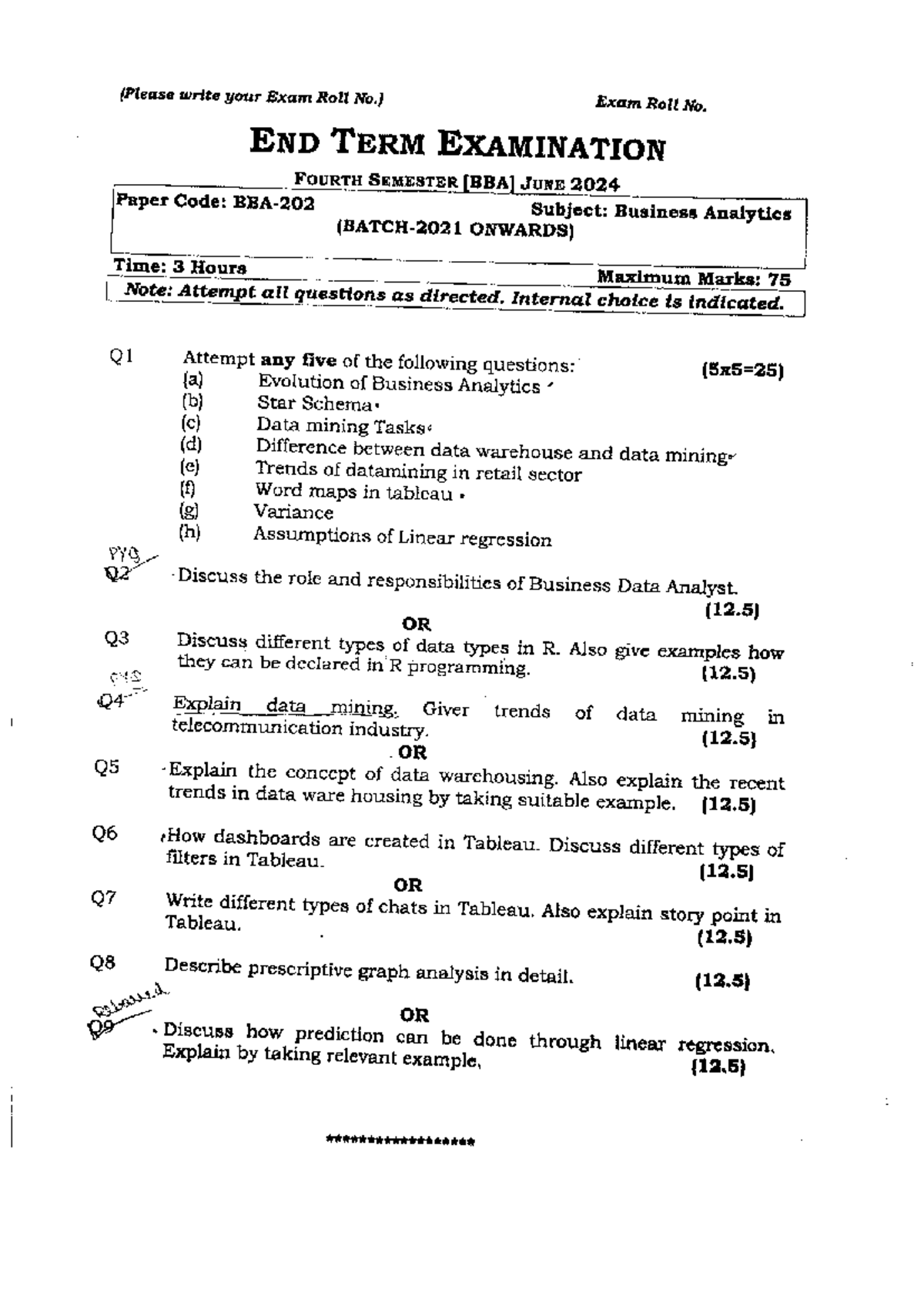 Bba 4 sem business analytics bba 202 jun 2024 - (Please write your Exam Roll No.) Exam Roll No ...