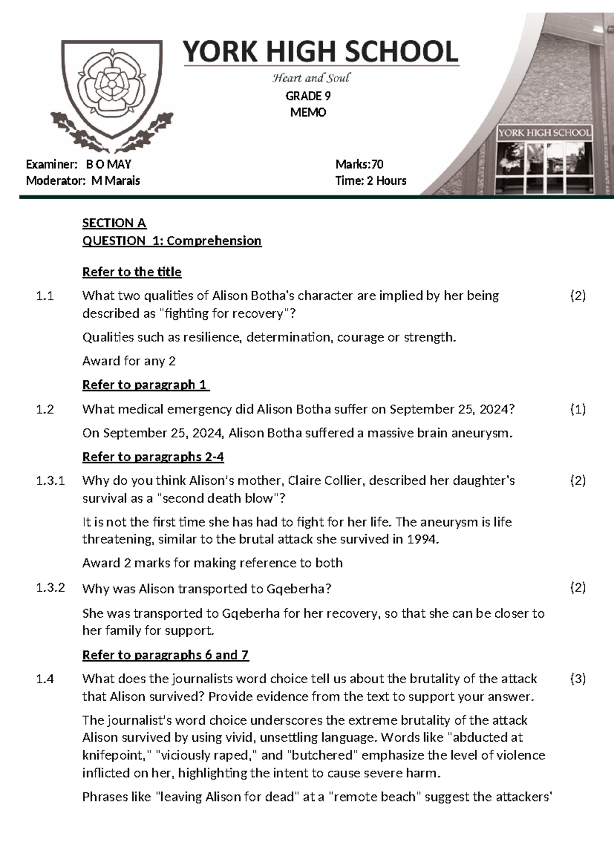 Grade 9 June Exam 2023: Comprehensive Memo and Analysis - Studocu