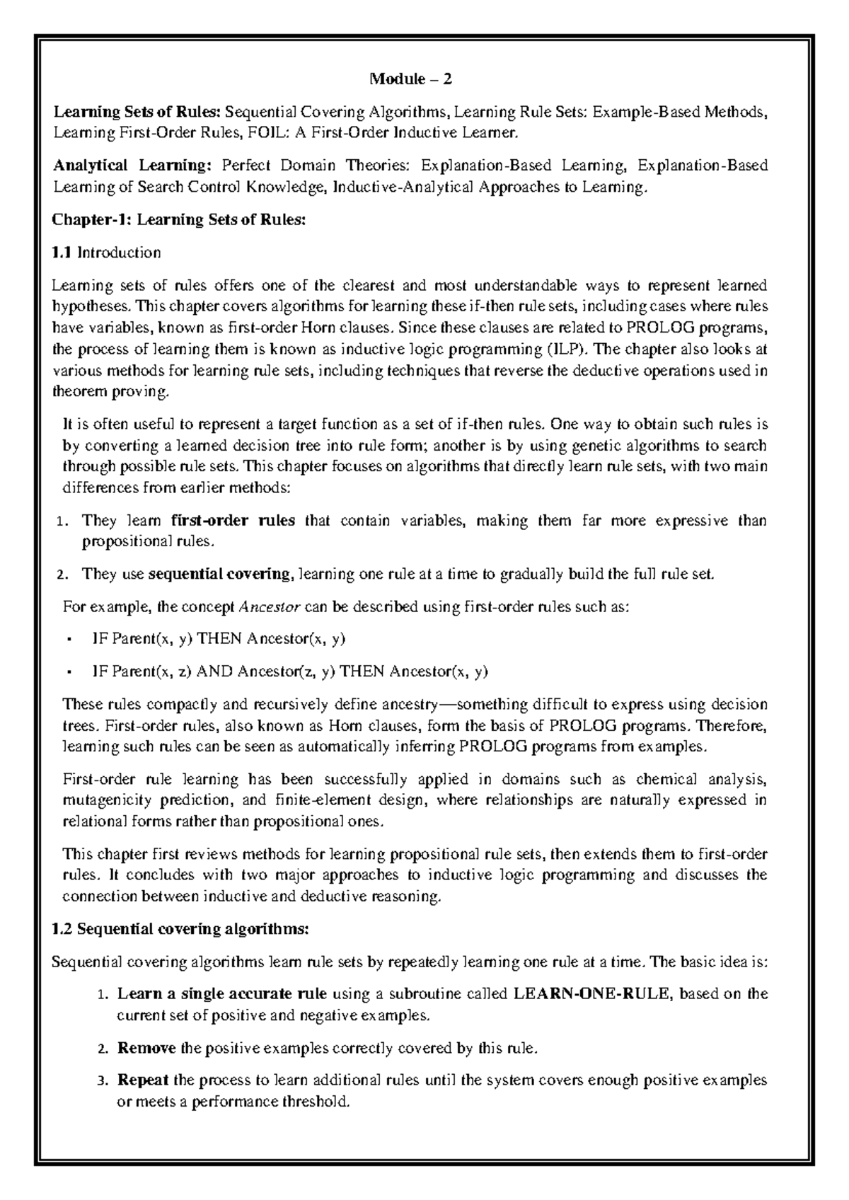 ML2: Module 2 Detailed Notes on Learning Rule Sets and Algorithms - Studocu