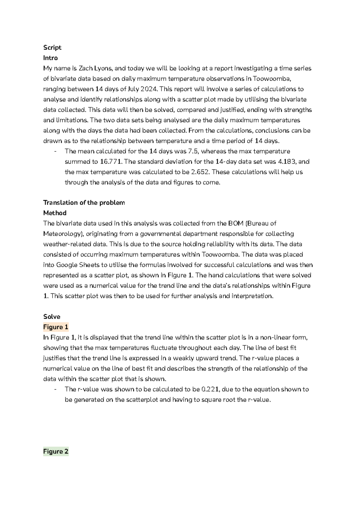 Maths Script: Bivariate Data Analysis of Max Temps in Toowoomba - Studocu