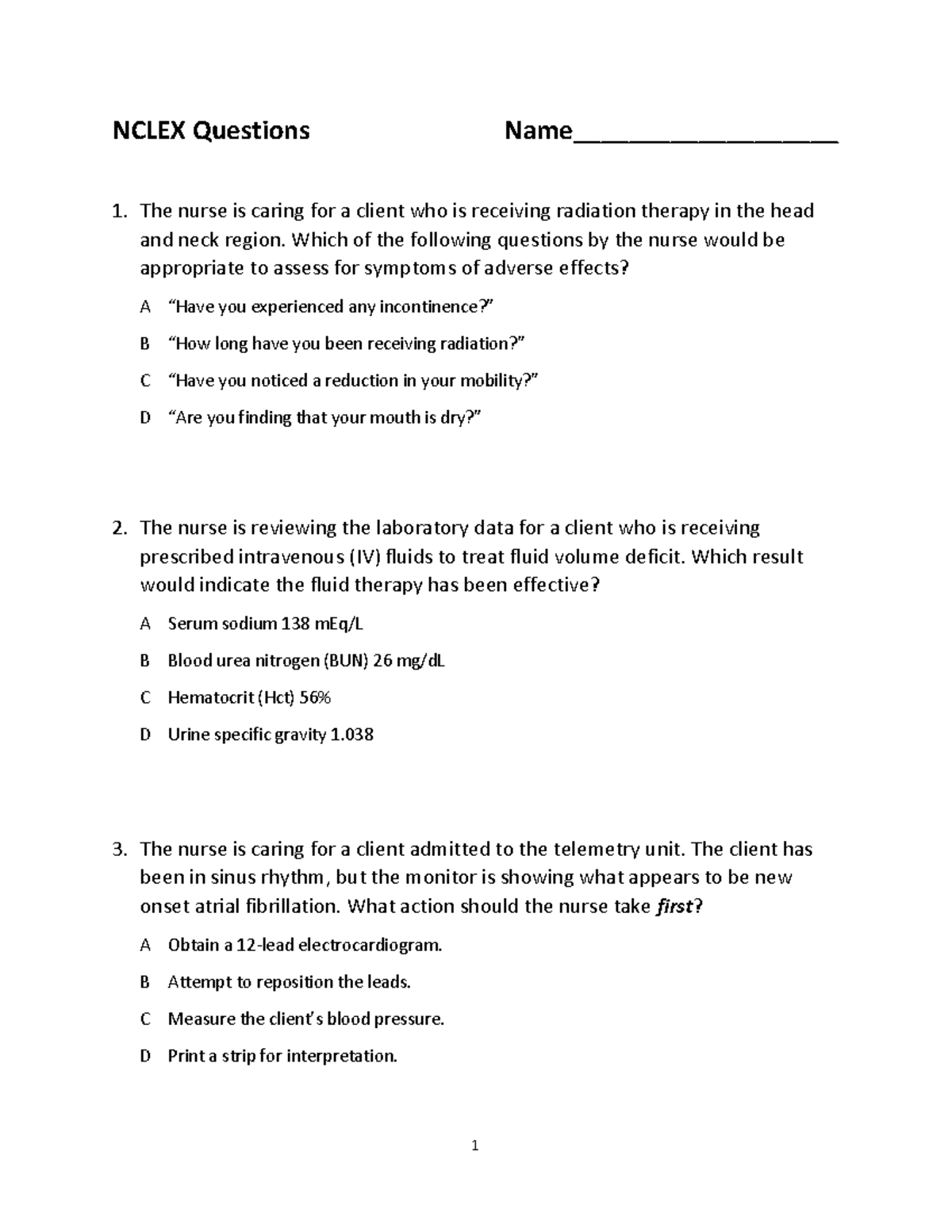 NCLEX Review Questions Set #1 for Nursing Students - Studocu