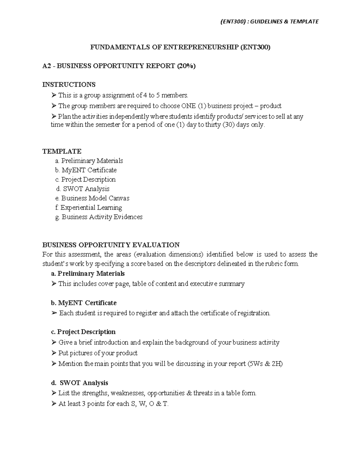 (ENT300) Final Exam Guidelines for Business Opportunity Report - Studocu