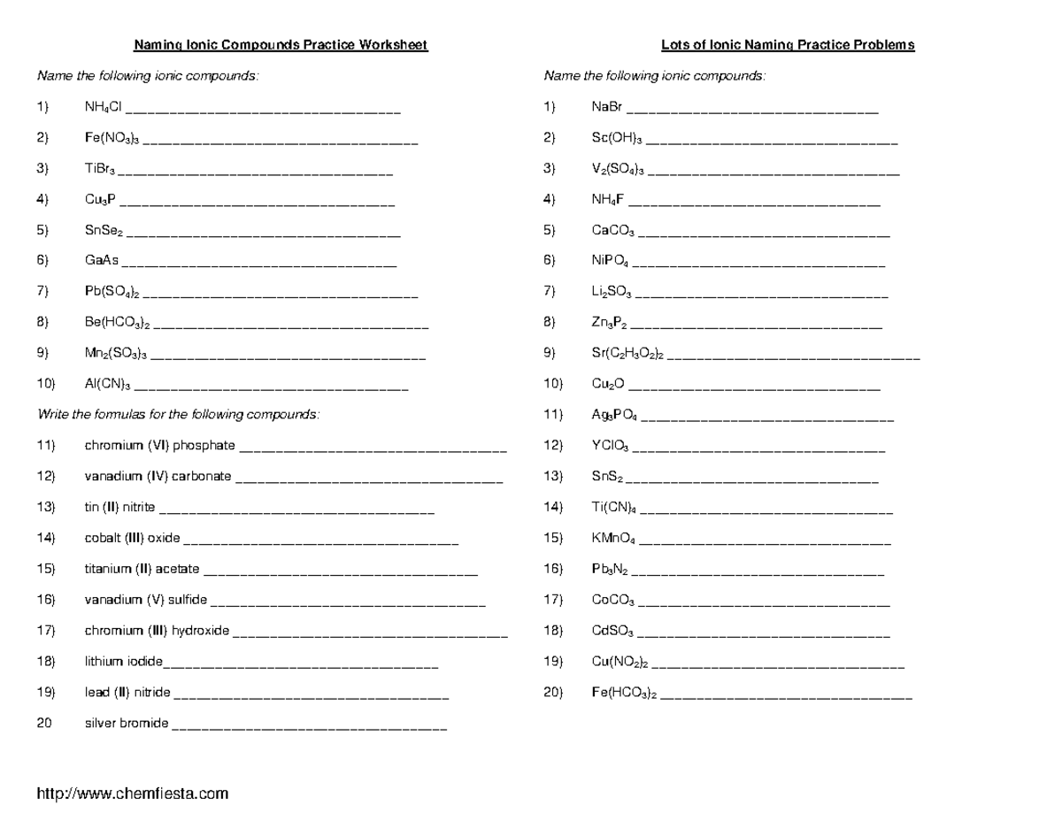 Naming Ionic Compounds Practice Worksheet (CHEM101) - Studocu
