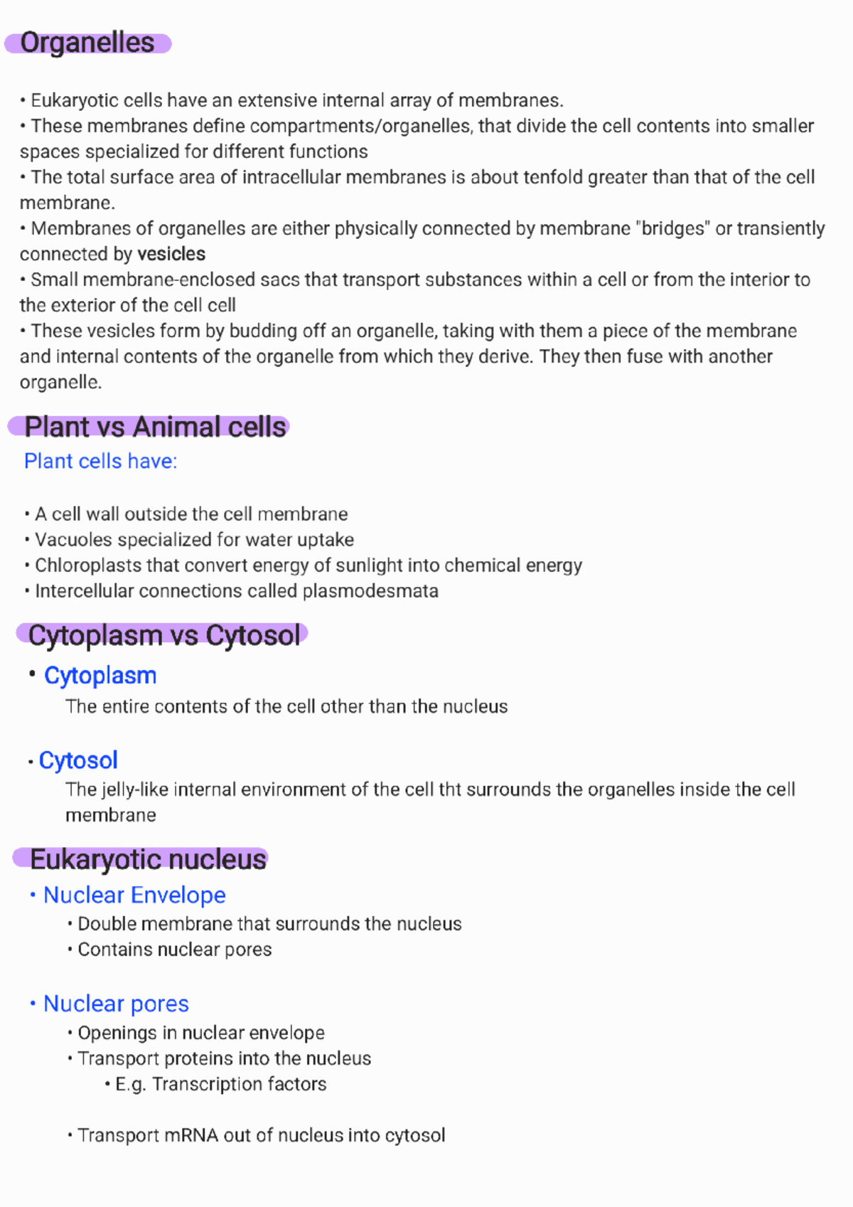 MLB 111 - Unit 2 notes - Organelles Eukaryotic cells have an extensive ...