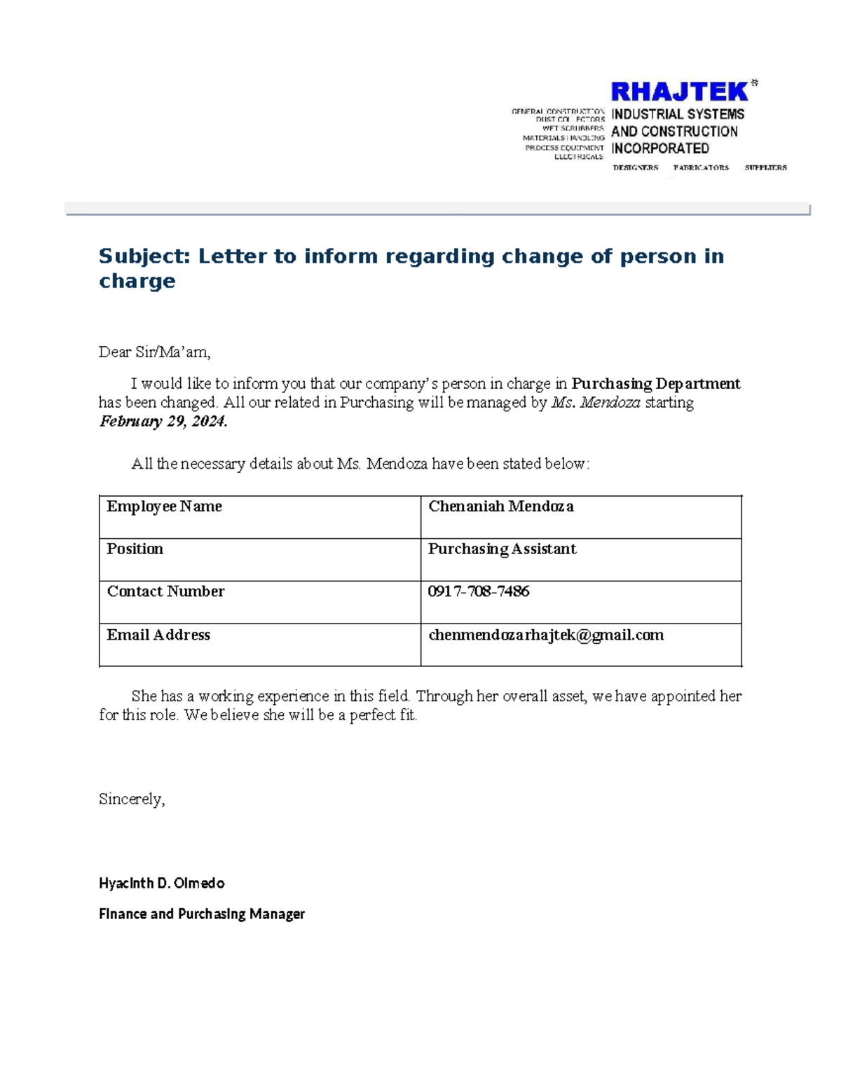 Letter TO Inform Change Person - Subject: Letter to inform regarding ...