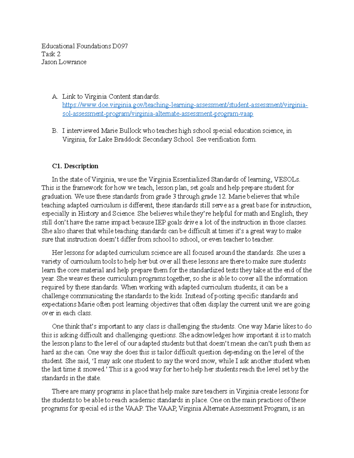 D097 Task2 - Passed - Educational Foundations D Task 2 Jason Lowrance A ...