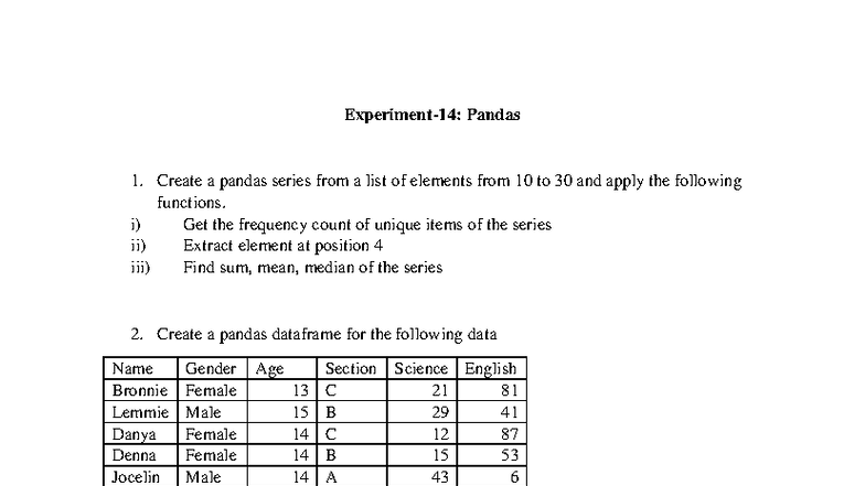 Exp 14 - Pandas Lab: Series & DataFrame Operations - Studocu