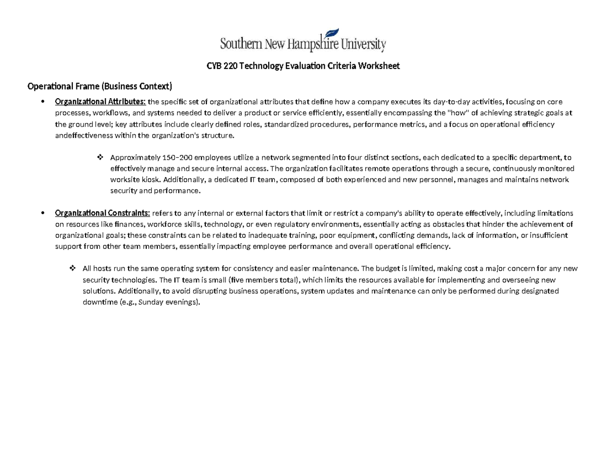CYB 220 Module 5 Technology Evaluation Criteria Worksheet - Studocu