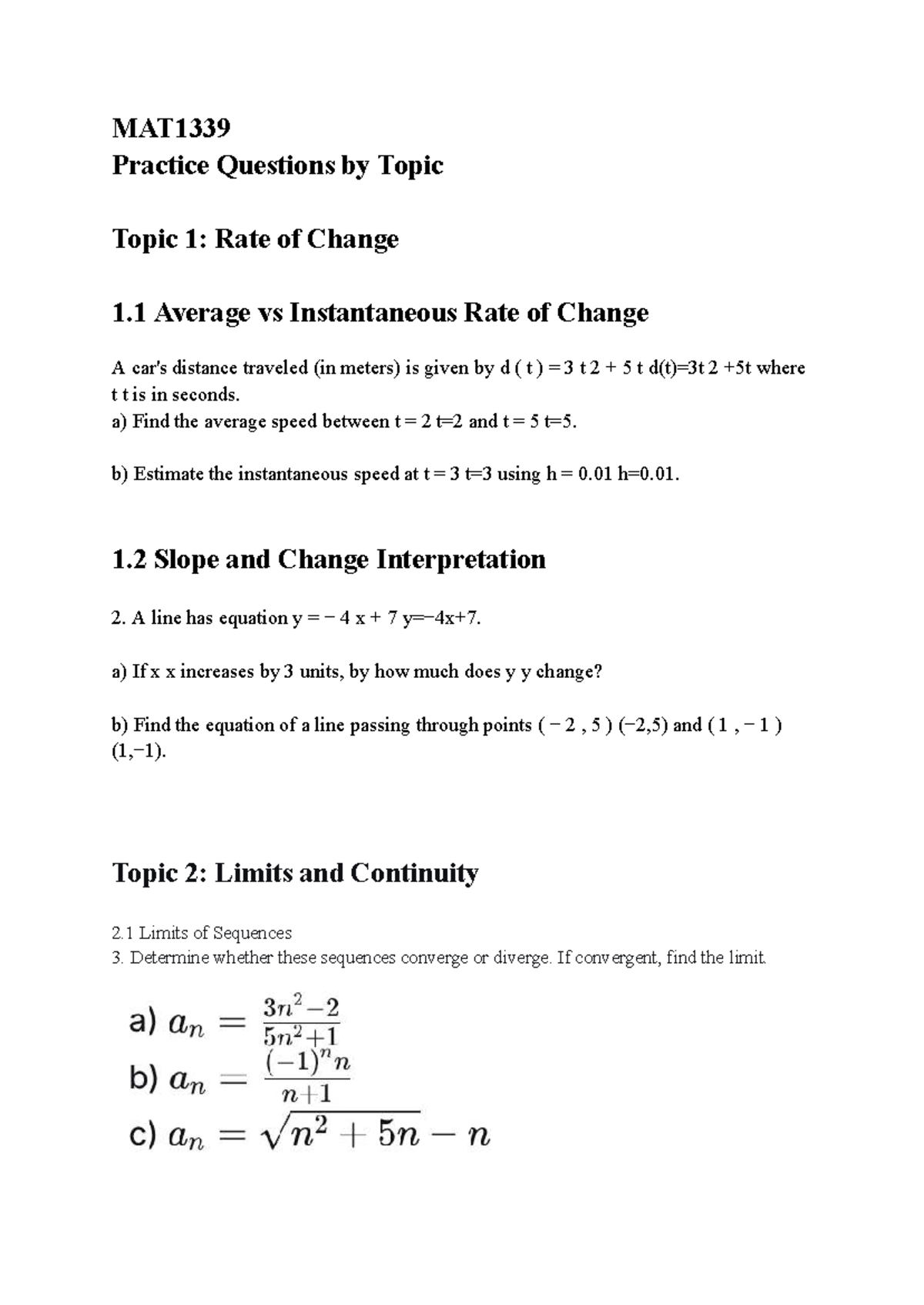 MAT1339 Practice Questions: Rate of Change & Limits - Studocu