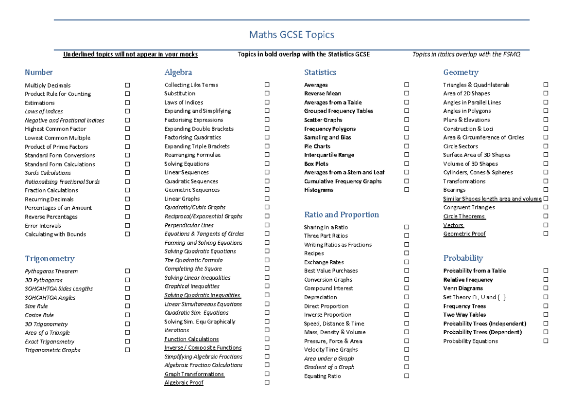 Maths GCSE Topics Overview for Mocks and Exams - Studocu