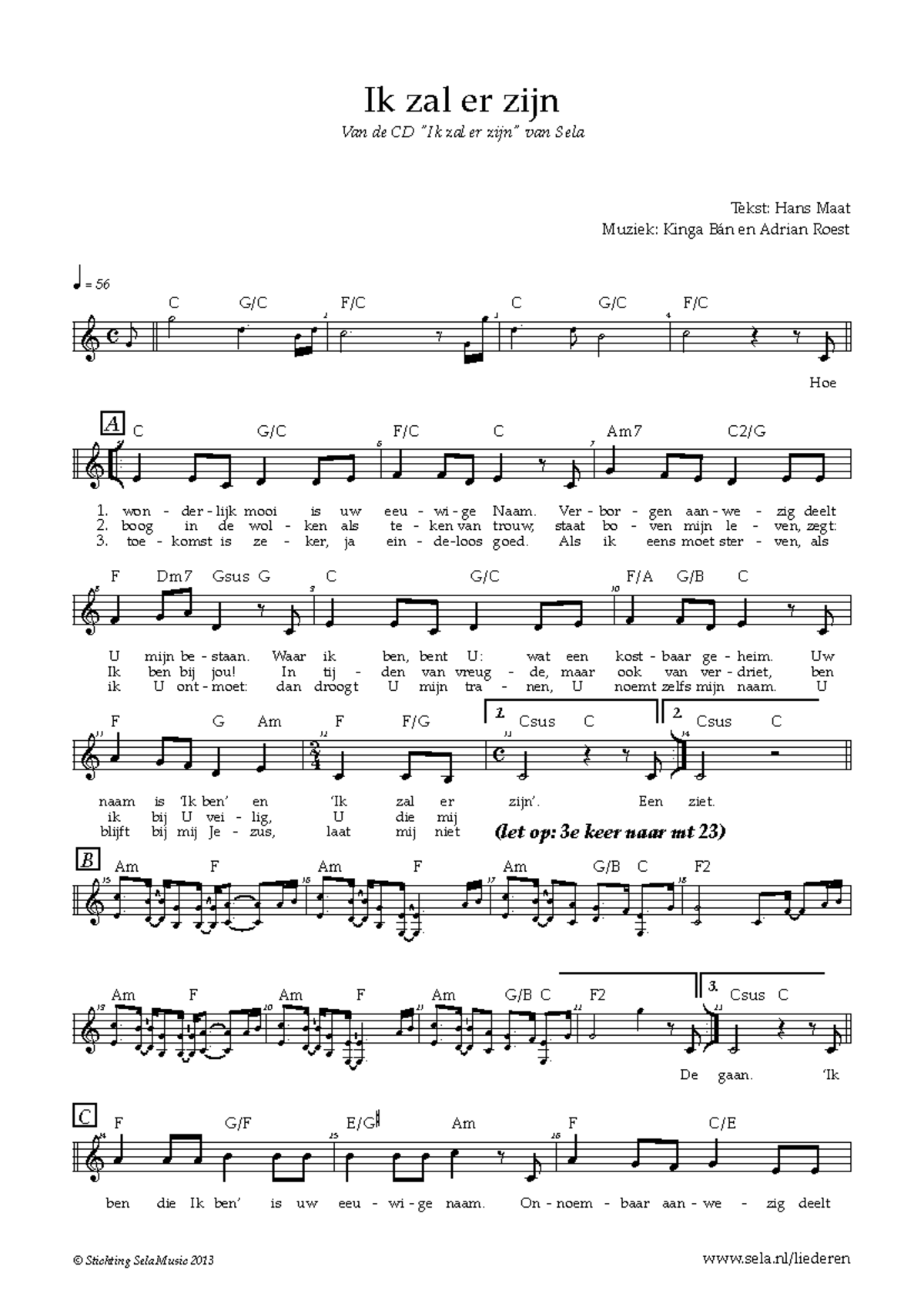 Sela - Ik Zal Er Zijn - Bladmuziek voor Muziekopdracht 2023 - Studeersnel