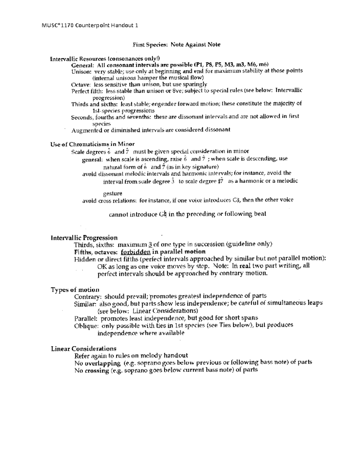 First Species Handout - Assignment 1: Note Against Note Rules - Studocu