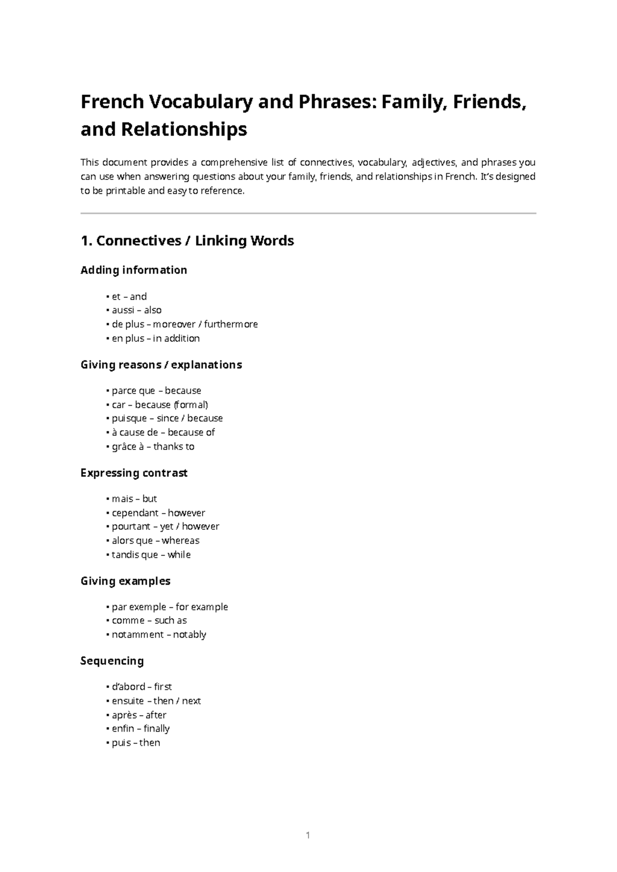 French Vocabulary & Phrases: Family & Friends Connectives - Studocu