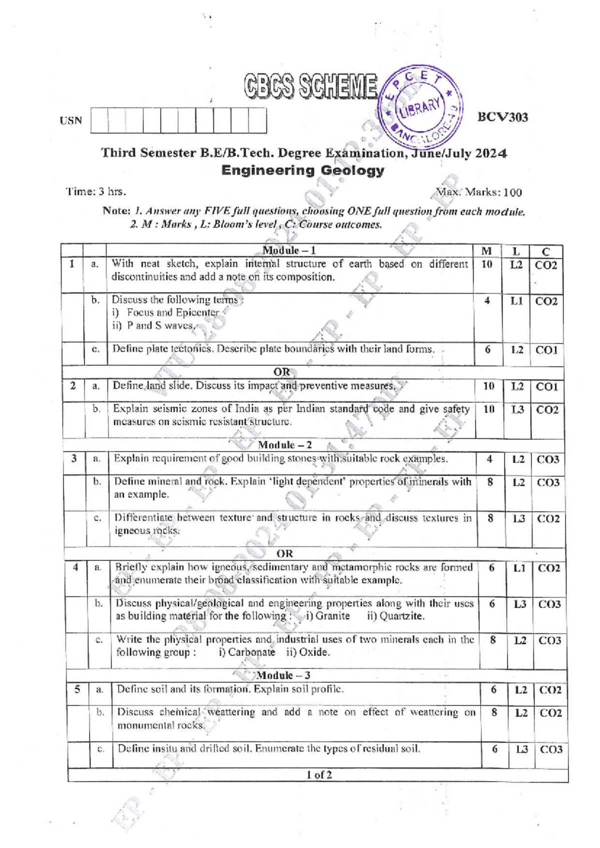 BCV303 Engineering Geology Exam Paper - June/July 2024 - Studocu